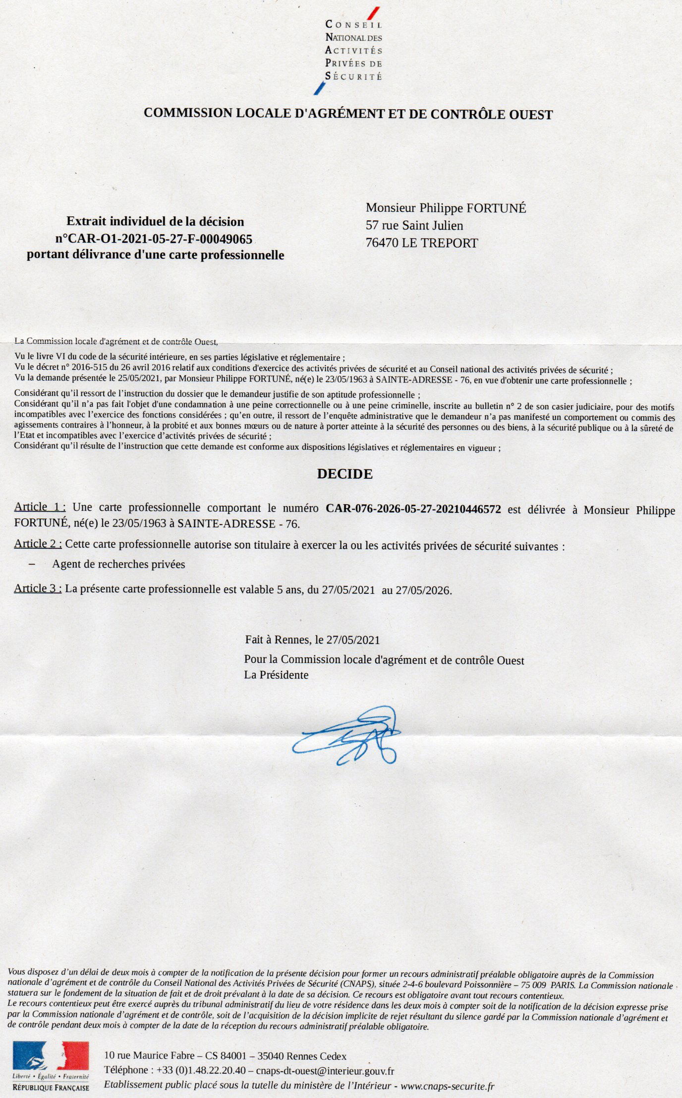 AUTORISATION D'EXERCICE