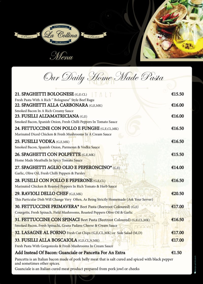 A La Carte Menu - La Collina