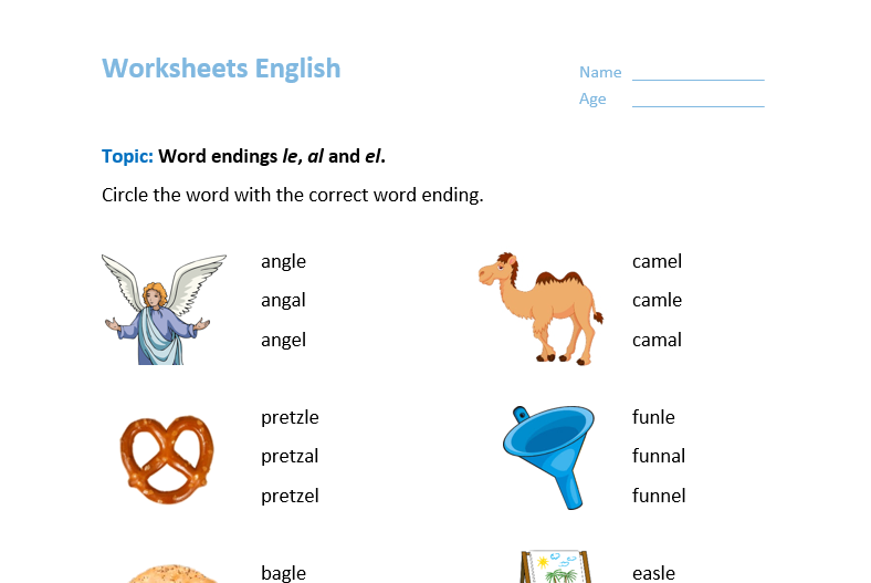 Worksheets topic: Word endings le, al and el - Kolourful Unique