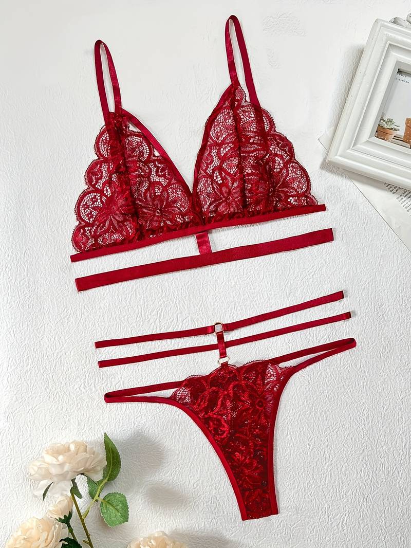 Red Strappy Bra And Thong Set Medium Uk
