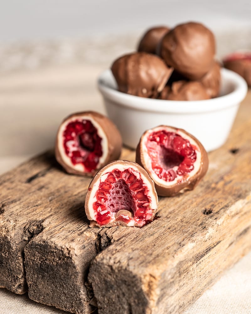 Franui - Frambuesas bañadas en chocolate con leche - Manjares en Casa