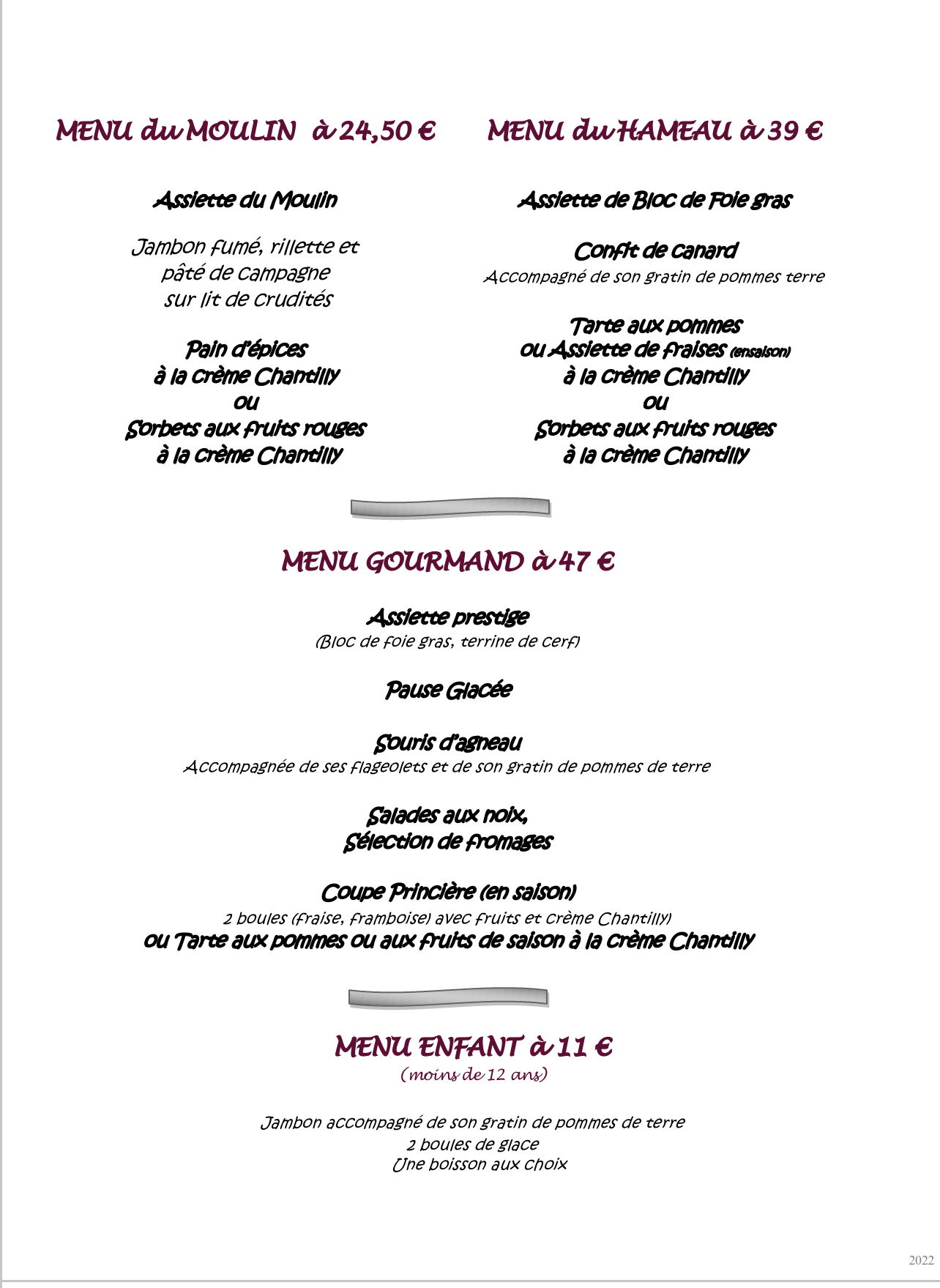 Menu restaurant - Le Hameau Chantilly