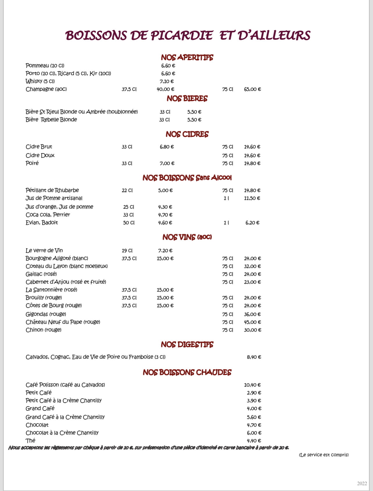 Menu restaurant - Le Hameau Chantilly