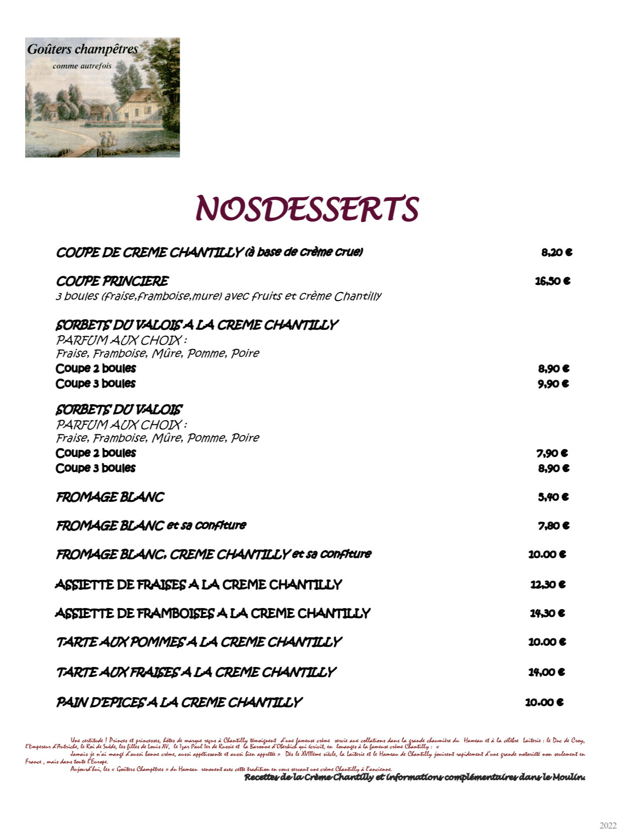 Menu restaurant - Le Hameau Chantilly
