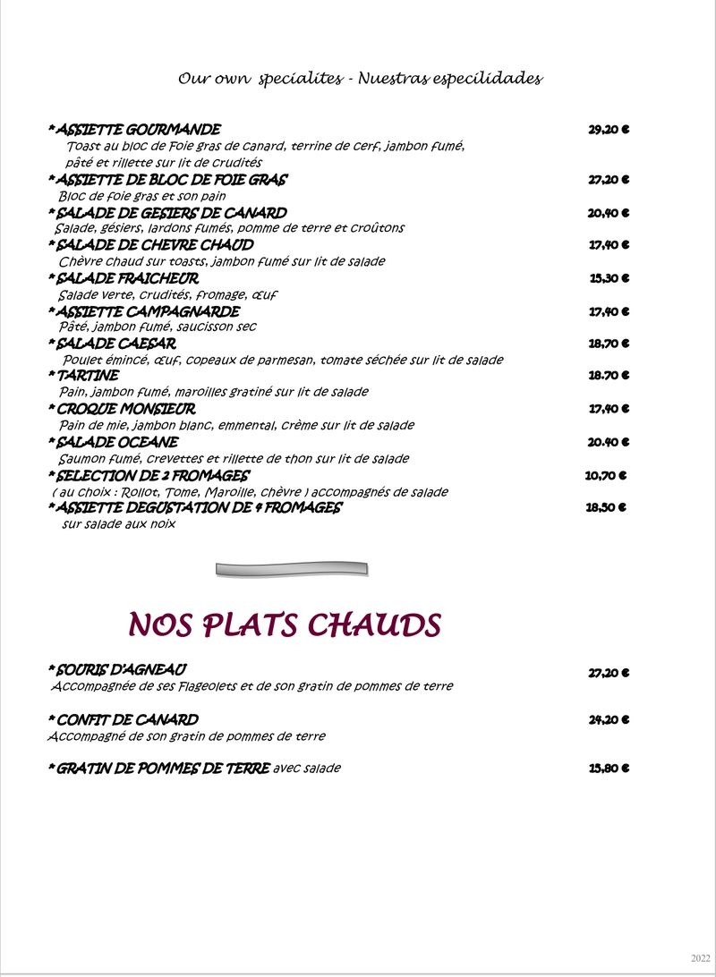 Menu restaurant - Le Hameau Chantilly