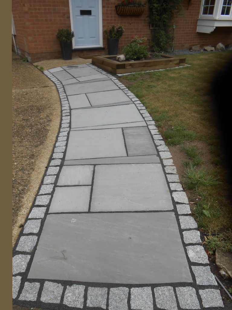 Bespoke paved pathway to front of house - Huntingdon Landscapes