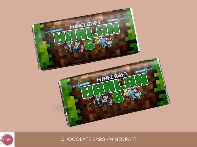 personalised chocolate bars, minecraft chocolate bars, party favours