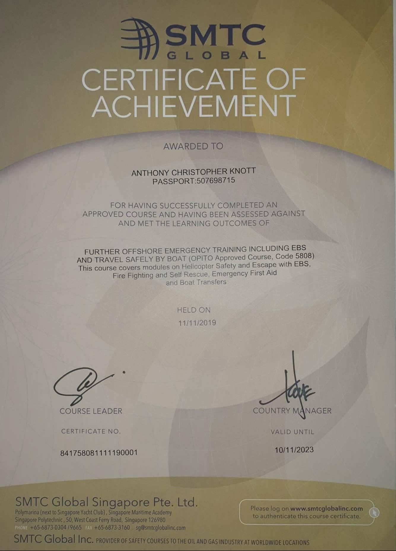 OFFSHORE SURVIVAL COURSE, HSE, H2S & UKOOA MEDICAL - anthonyknott.com