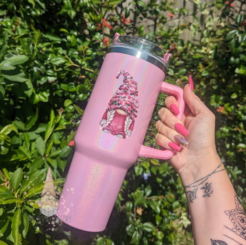 Pink Shimmer 40oz Insulated Tumbler With 'Small Rose Gonkette'