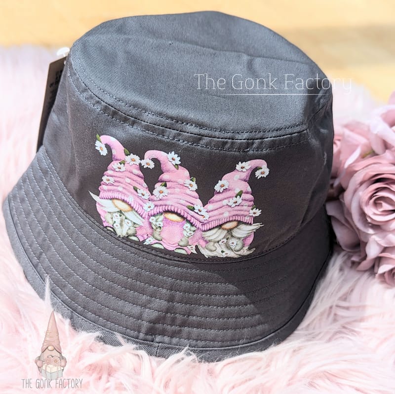 Grey 'Pink Daisy Gonks' Bucket Hat