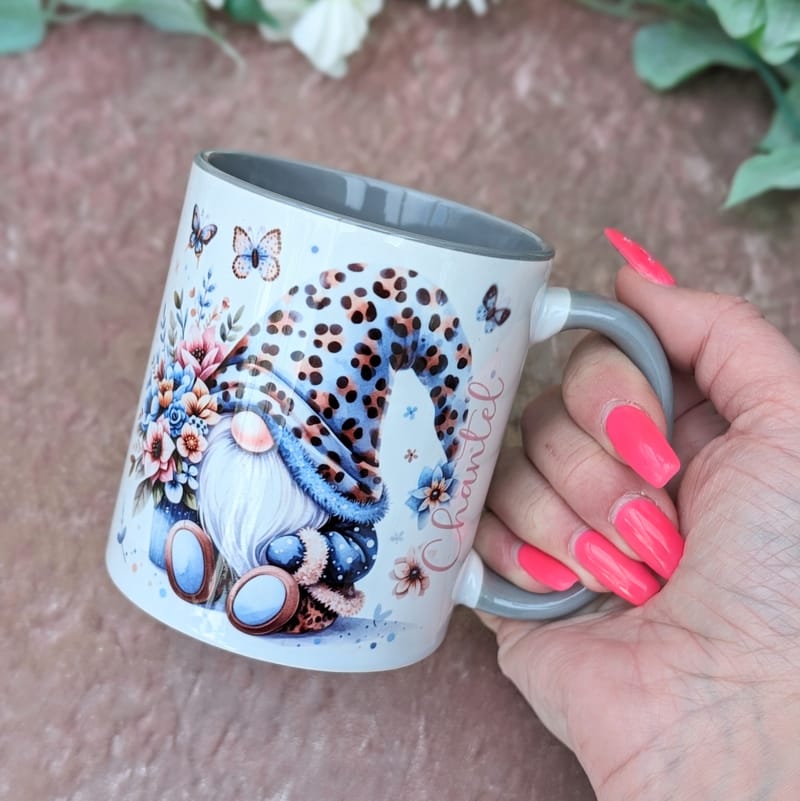 Personalised Grey Handled 'Blue Leopard Gonk' Mug