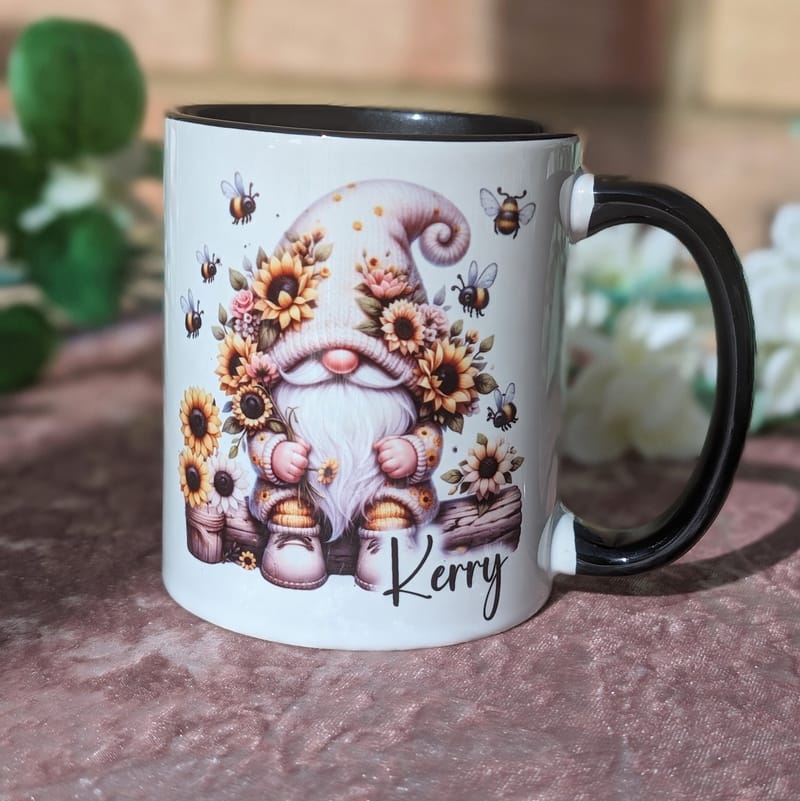 Personalised Black Handled 'Vibrant Sunflower Gonk' Mug
