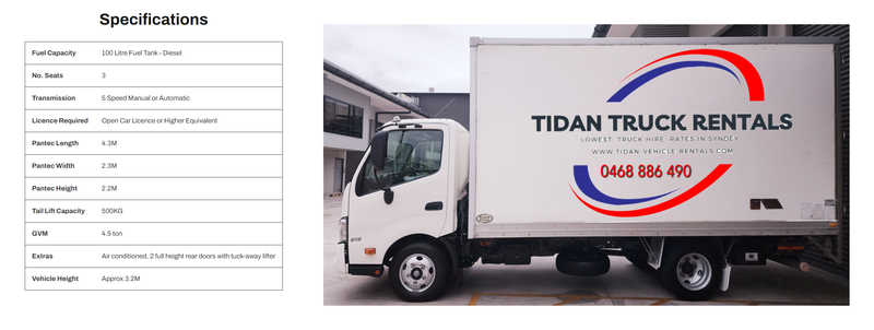 Trucks & Vans dimensions - Tidan Truck & Car Rentals 0431-747-900