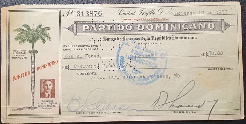 Cheque del Partido Dominicano Trujillo 1959 - QueViejo.com