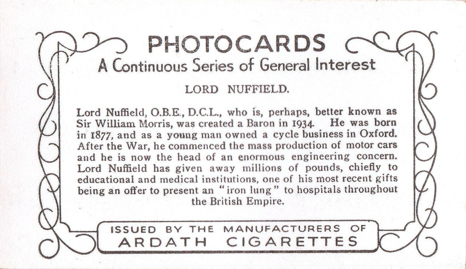 LORD NUFFIELD - CINEMA & CIGARETTE CARDS
