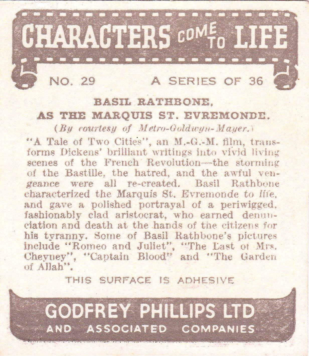 BASIL RATHBONE, AS THE MARQUIS ST. EVREMONDE - CINEMA & CIGARETTE CARDS