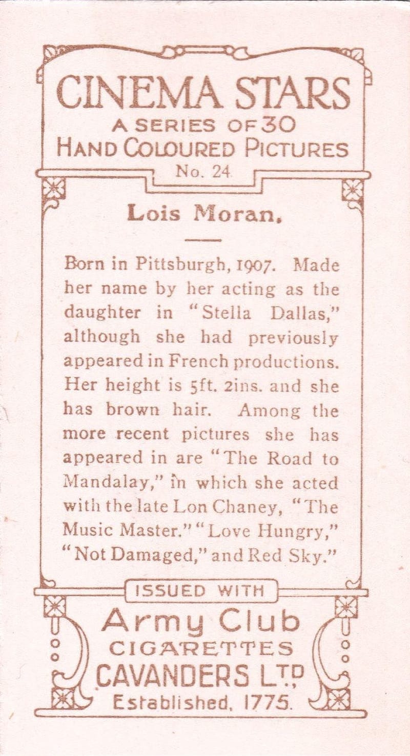 LOIS MORAN - CINEMA & CIGARETTE CARDS