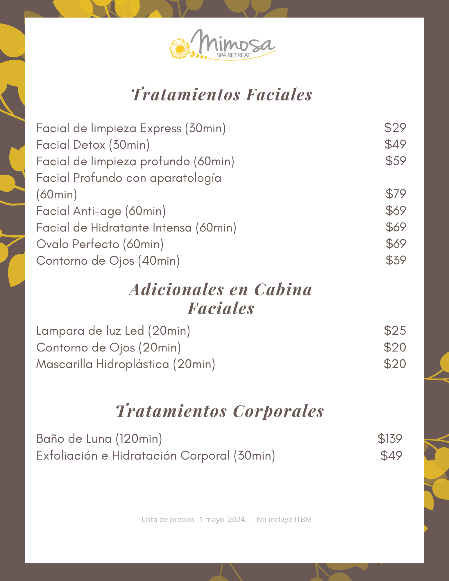 Menu - Mimosa Spa Retreat